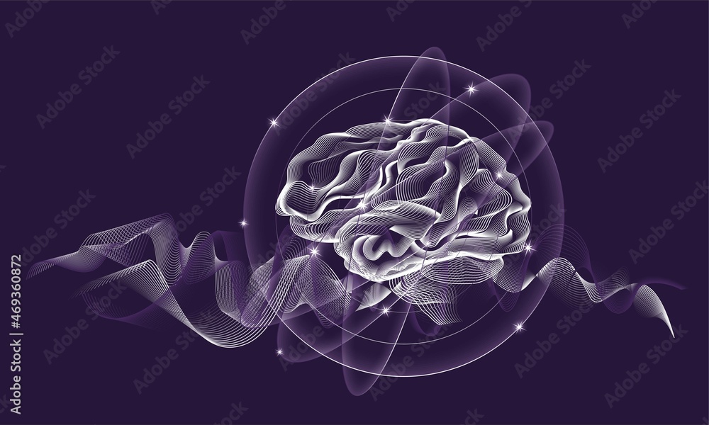 Dynamic linear abstract illustration of a brain in space. White lines ...