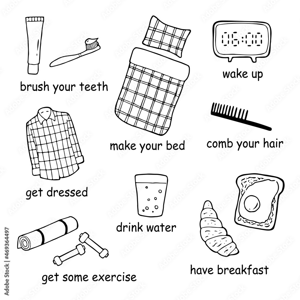 Vector doodle set with morning routine cliparts. Steps of the morning ...