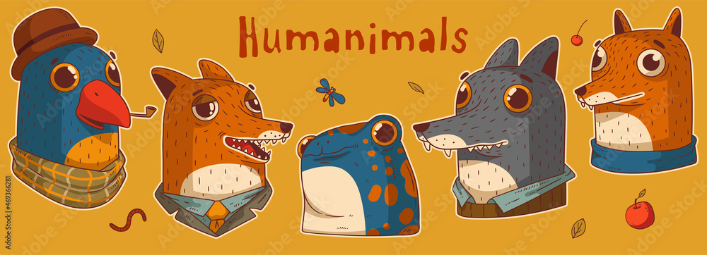Funny portrait vector set of humanized animals. Cute isolated cartoon ...