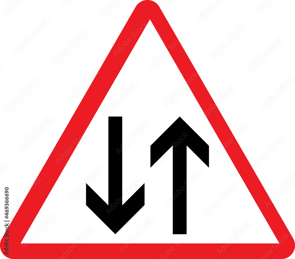 Two-way traffic warning sign. Red triangle background. Traffic signs ...