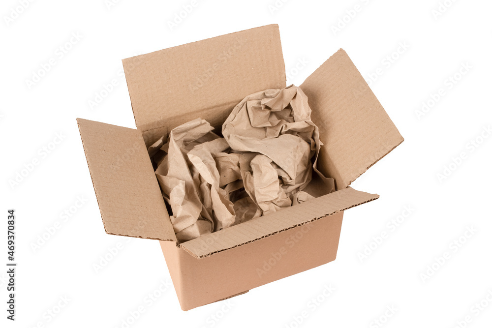 Square cardboard box with recycled filling paper isolated on white ...