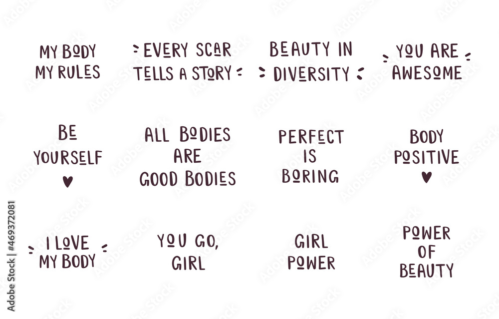 Body positive lettering vector set. Hand drawn text. Motivational ...