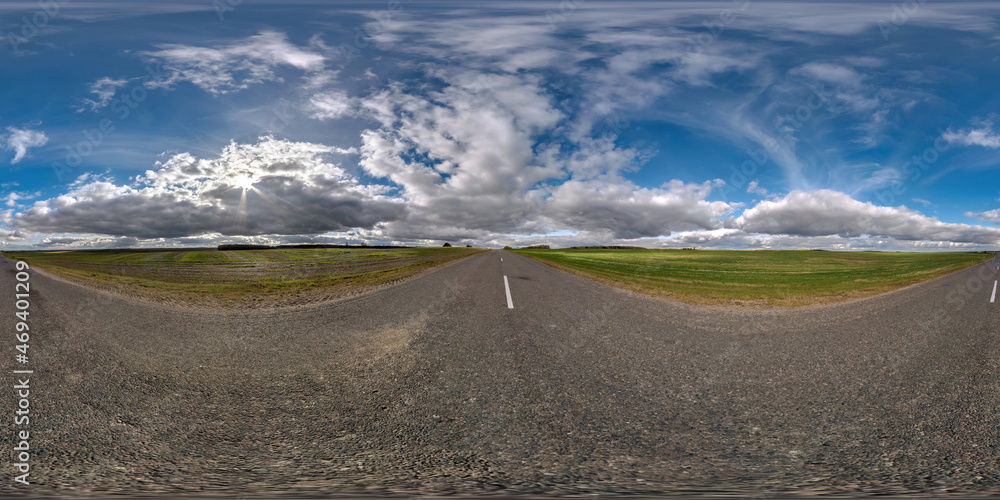 seamless hdri 360 panorama view on asphalt road among fields in summer ...