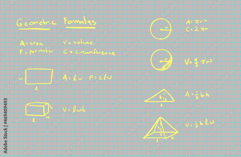 Set of isolated geometric equations. Hand written math formulas on a ...