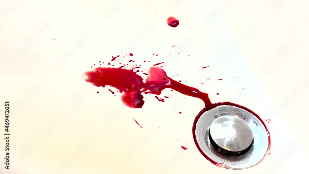 Blood dripping and flowing into sink. Fresh red blood splat on white ...