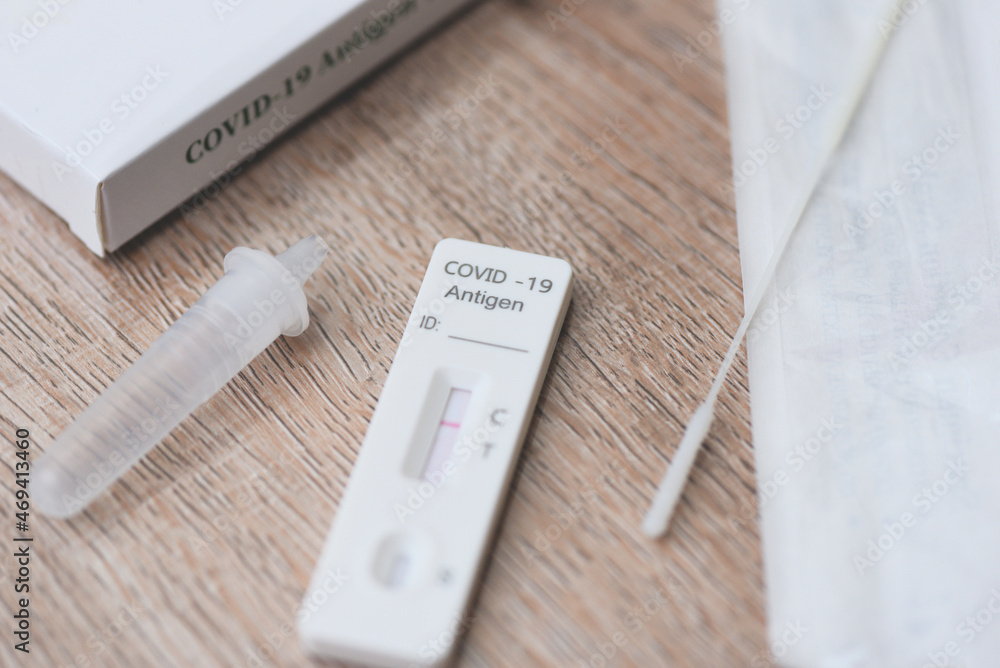 Covid-19 antigen test kit on a table, Tested for Covid-19 with a nasal ...
