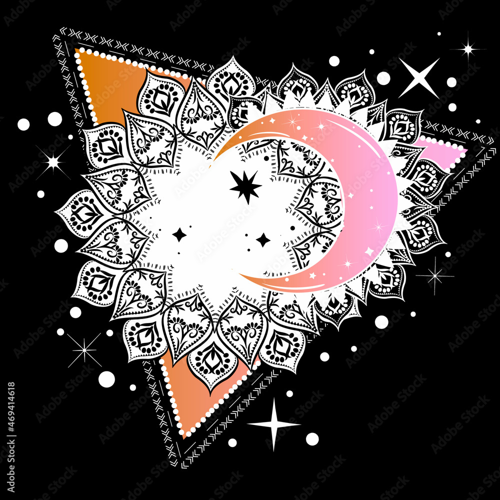 Sun and moon illustration in boho style with triangle frame. Gypsy ...