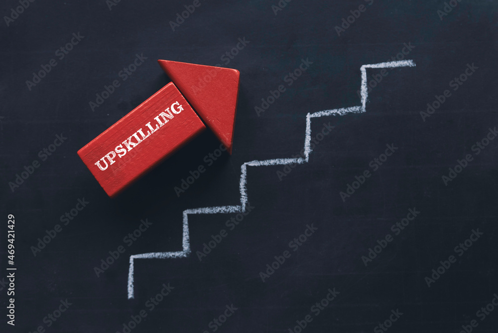 Upskilling red arrow with a ladder on a blackboard. Stock Photo | Adobe ...