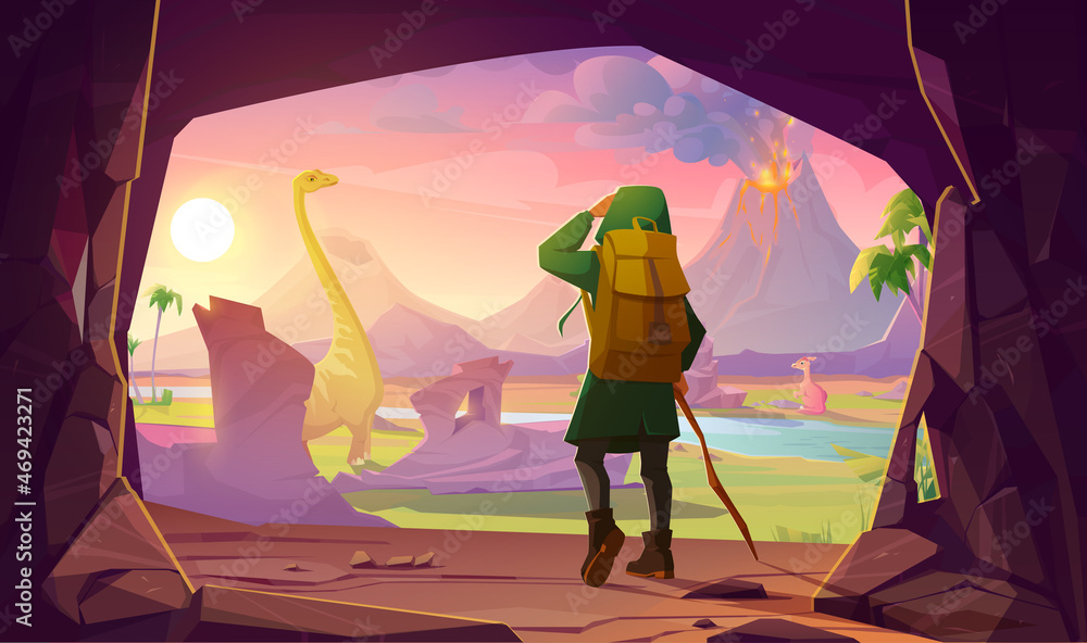 Traveler stand at cave looking on Jurassic era landscape with dinosaurs ...