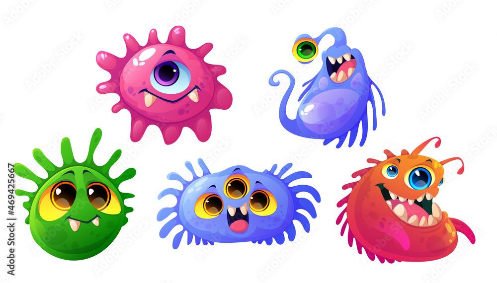 Germs, viruses and bacteria cartoon characters with cute funny faces ...