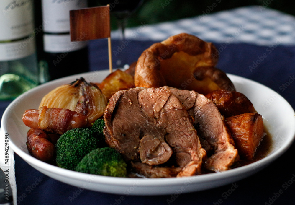 Sunday roast dinner lamb pork should with cracking meet Stock Photo ...