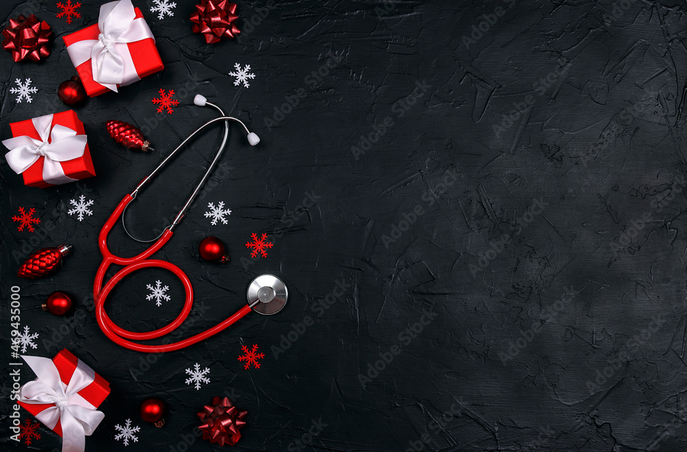 Christmas banner with festive decorations and medical stethoscope on ...