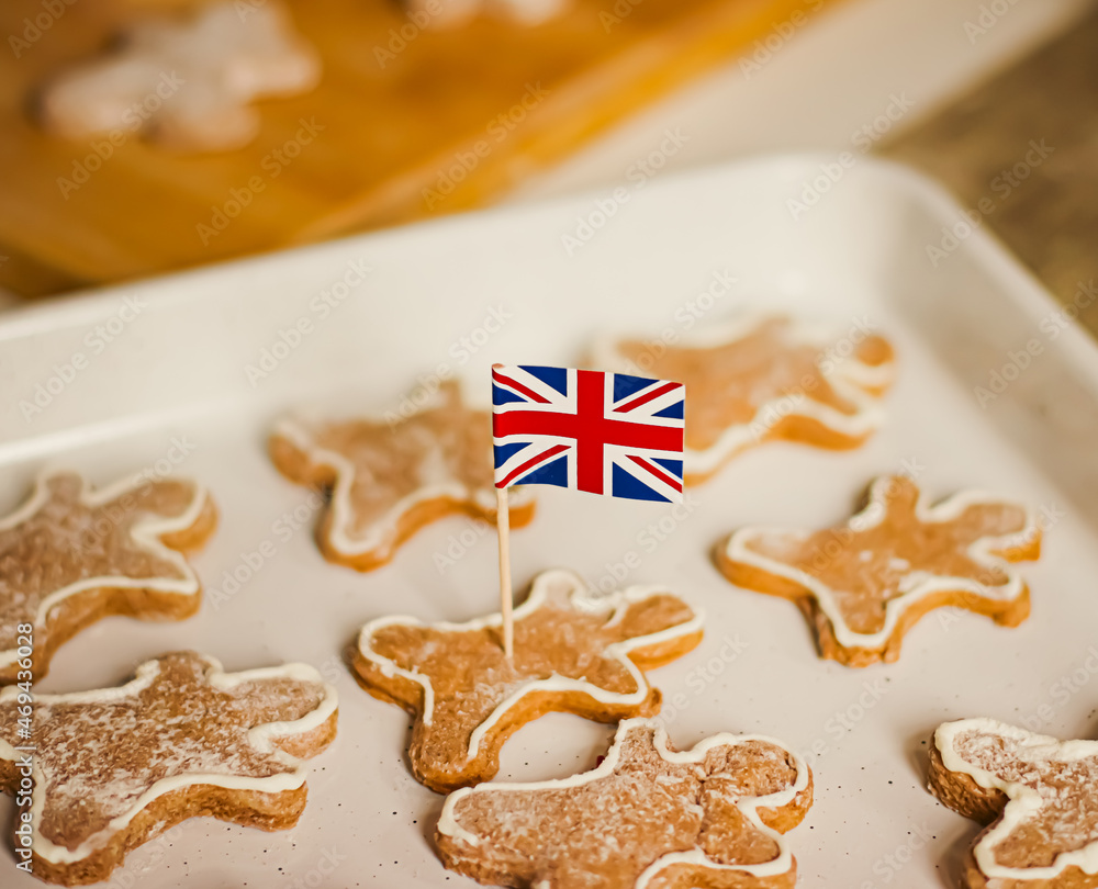 British holiday and Christmas baking concept. Union Jack flag of Great ...