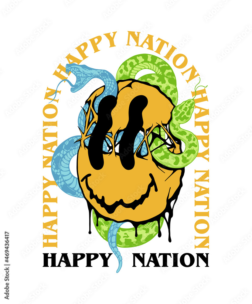 Happy nation slogan print design with ripped melting emoji and a snakes ...