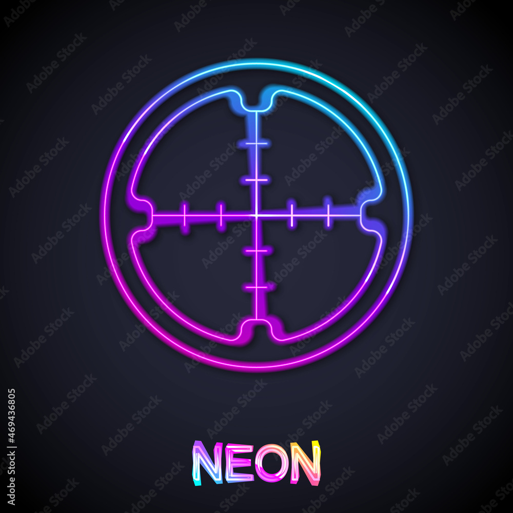 Glowing neon line Sniper optical sight icon isolated on black ...