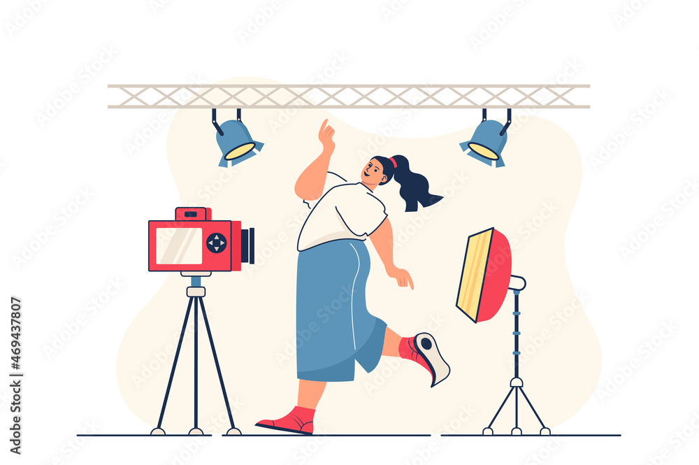 Photo studio concept for web banner. Woman model posing for shoots in ...