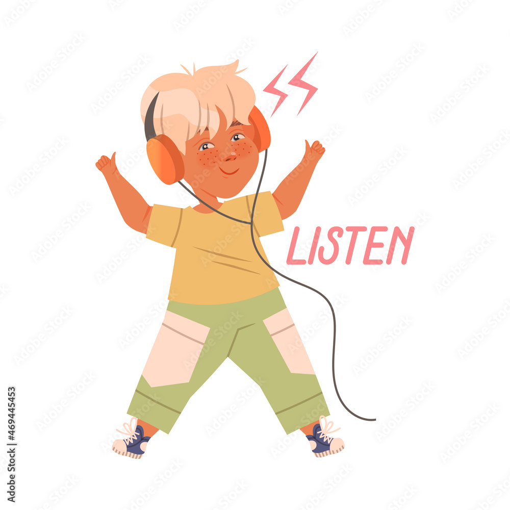 Cute little boy in headphones listening to music. Listen verb ...