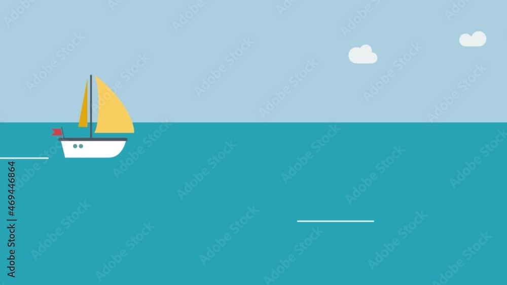 Cartoon of a sailboat sailing on the calm sea, animated illustration in ...