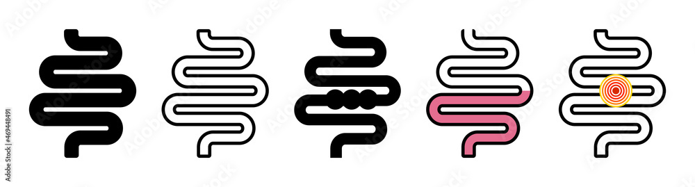 Intestine health. Icon of constipation, colitis, inflammation and pain ...