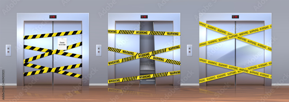 Realistic 3d broken elevators on repair with warning yellow tape. Metal lift door with dent ...