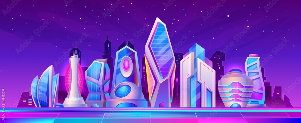Cartoon futuristic city night landscape with neon light. Cyberpunk ...
