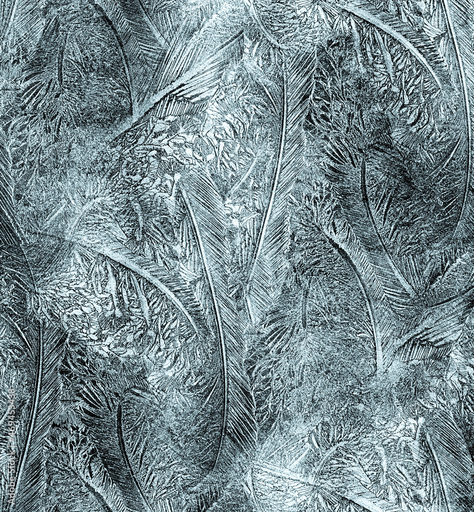 Frostwork pattern ice crystals on black background. Dark surface with ...