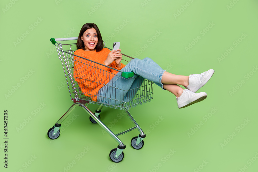Portrait of attractive trendy cheerful girl riding cart using device smm blogging isolated over ...