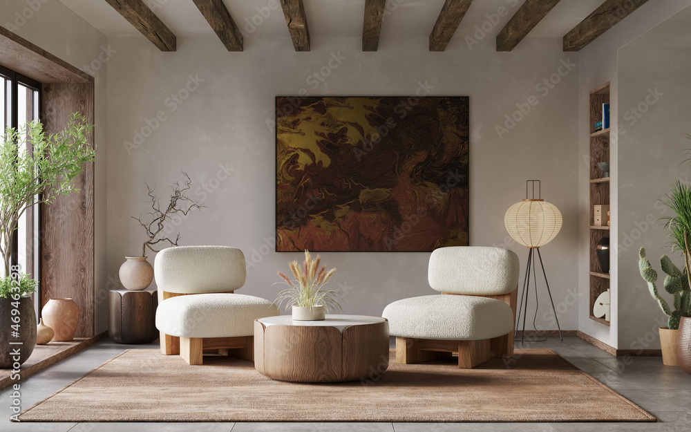 Interior design of modern apartment with armchairs, coffee table ...