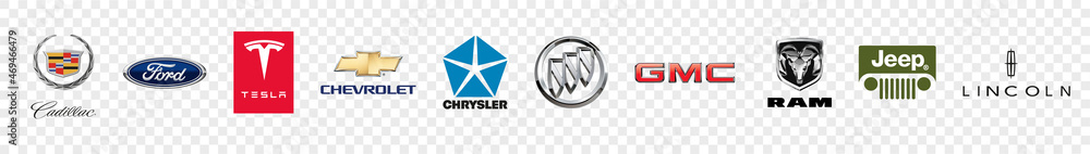 American car brands set. USA car brands. Tesla, dodge, ford, ram ...