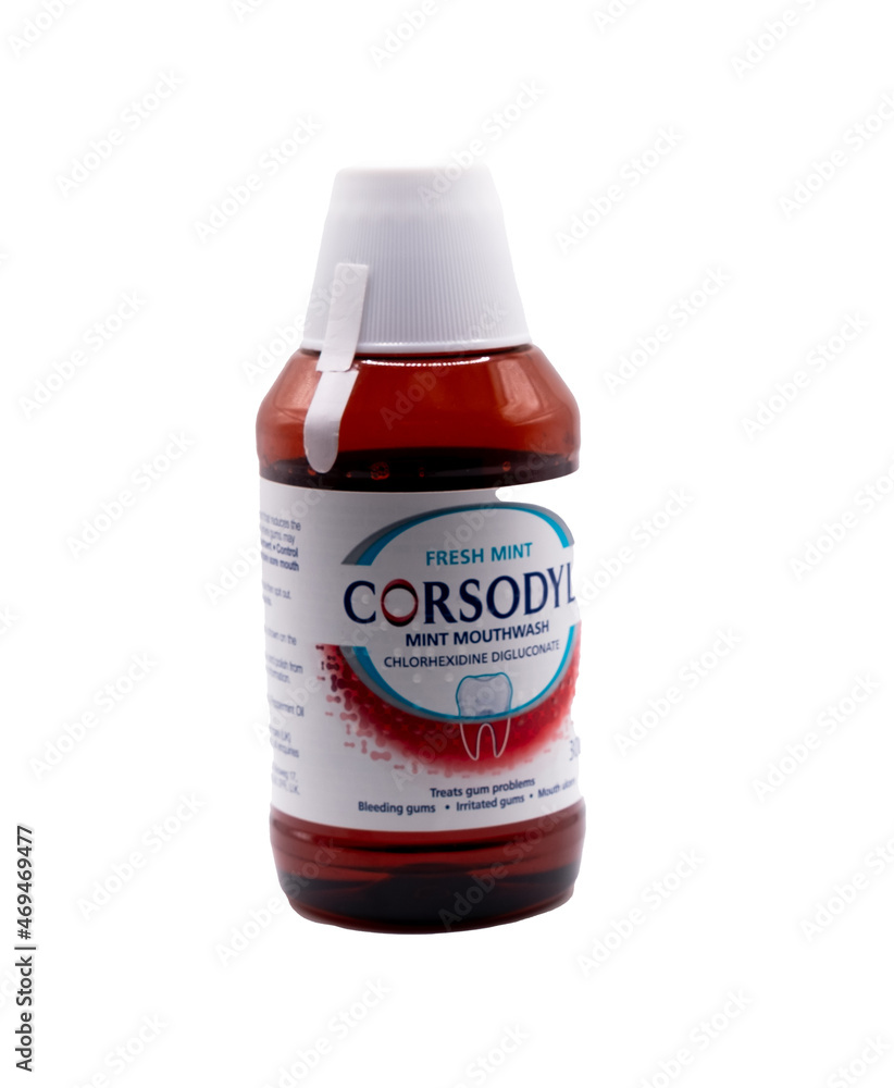 Norwich, Norfolk, UK – November 2014. A bottle of Corsodyl medicated ...