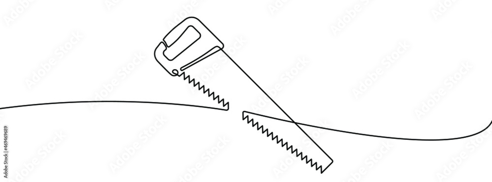 Continuous line drawing of hacksaw for wood. Hand saw linear icon. One ...