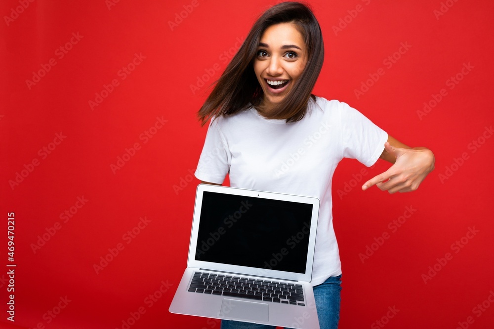 Beautiful happy overjoyed young woman with short dark brunet haircut ...