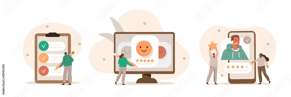 Customer feedback and user experience illustration set. Characters ...