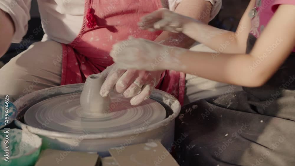 Potter Teaching Pottery Little Girl Man Teaches Child Make Dishes From ...