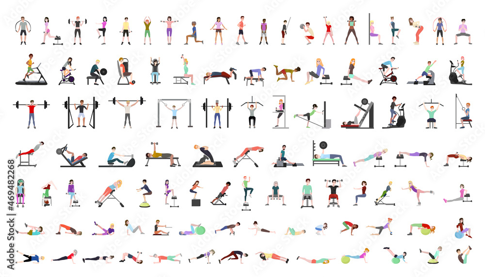 Vector collection of people in the gym. Characters doing exercises with ...