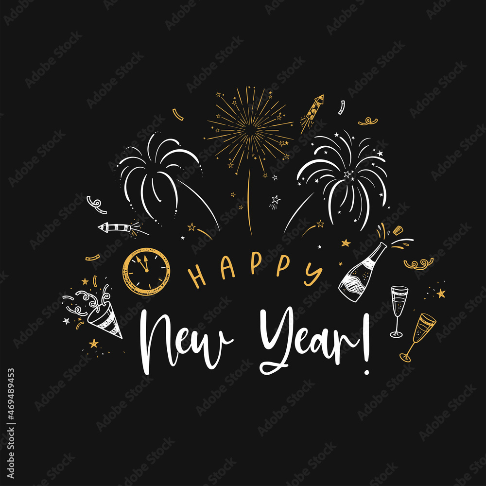 Cute hand drawn New Years design, doodle template in gold and black ...