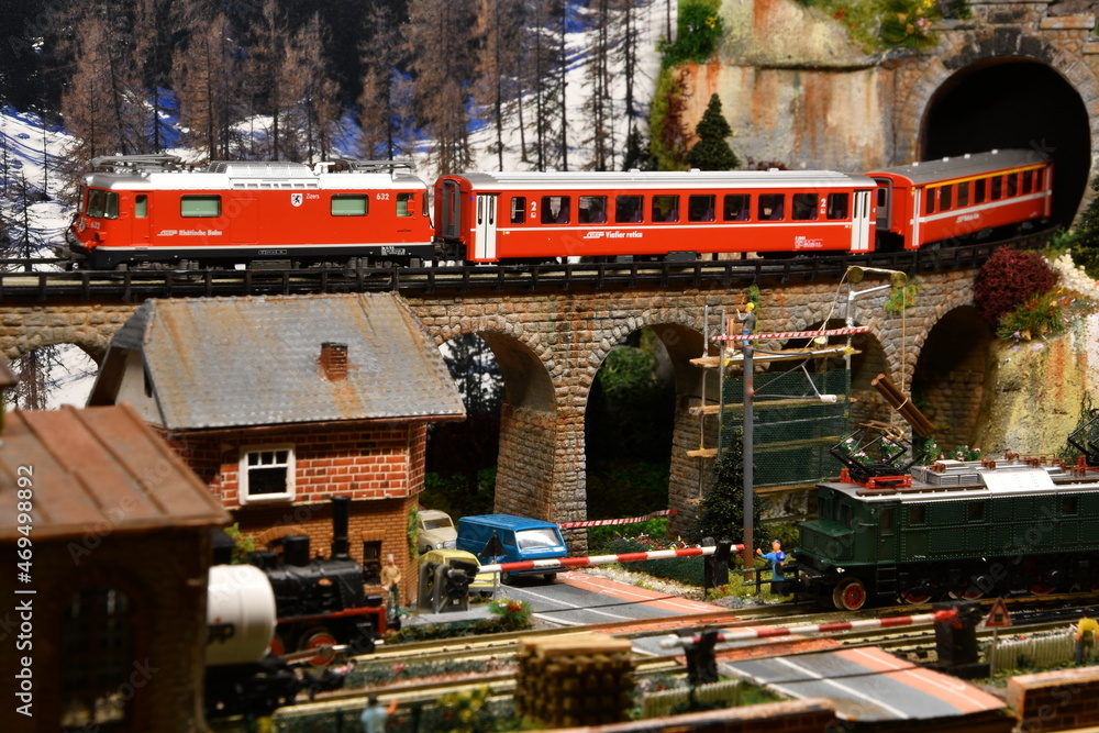 Florence, ITALY- November 2021: Railway model with Swiss Bernina ...