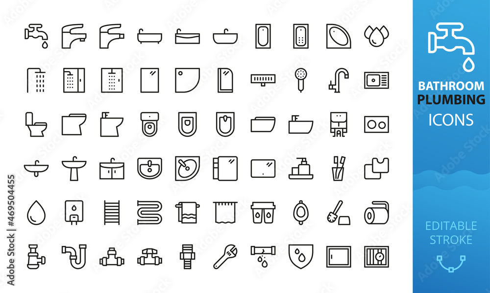 Plumbing, bathroom sanitary ware isolated icons set. Set of bathroom ...