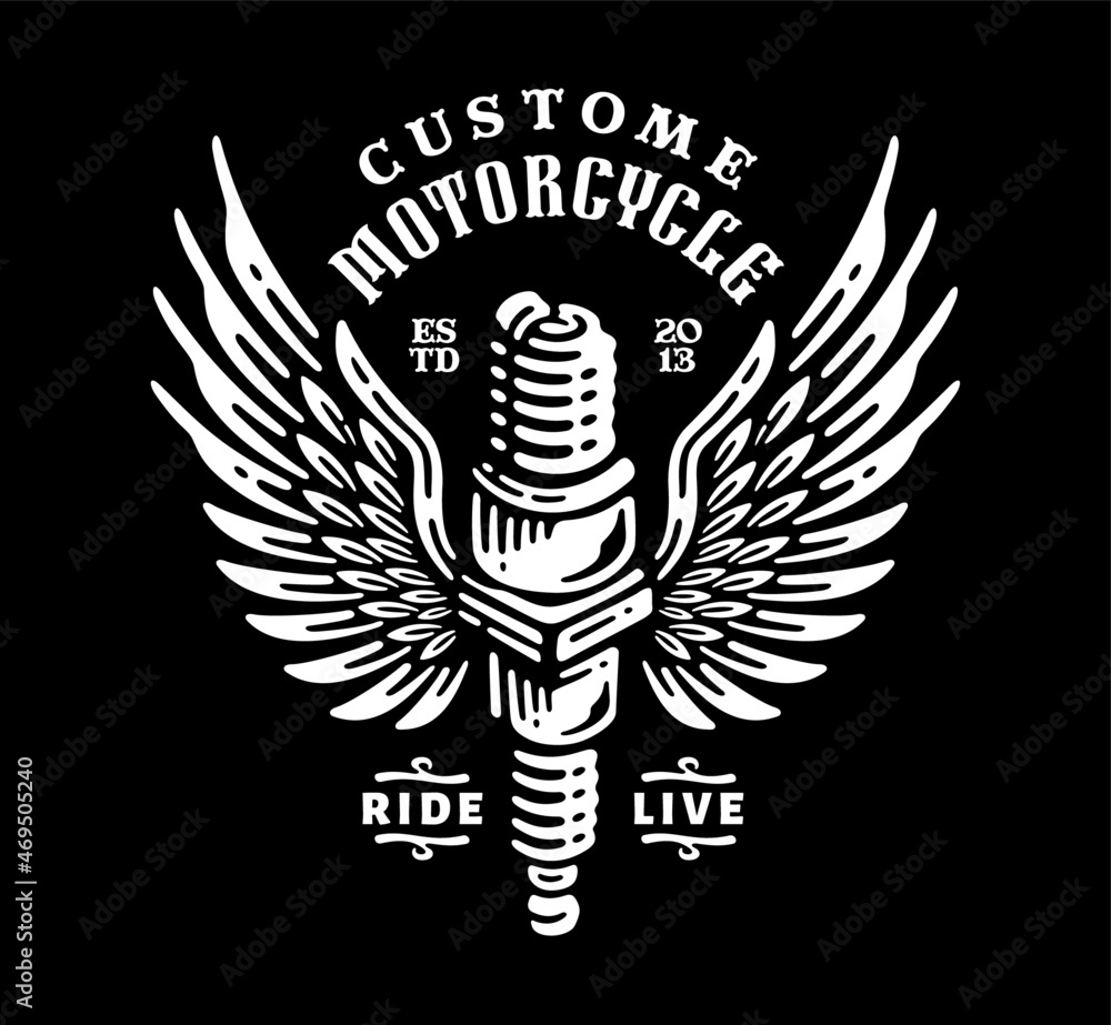 illustration of a motorcycle spark plug with a wings logo emblem in ...