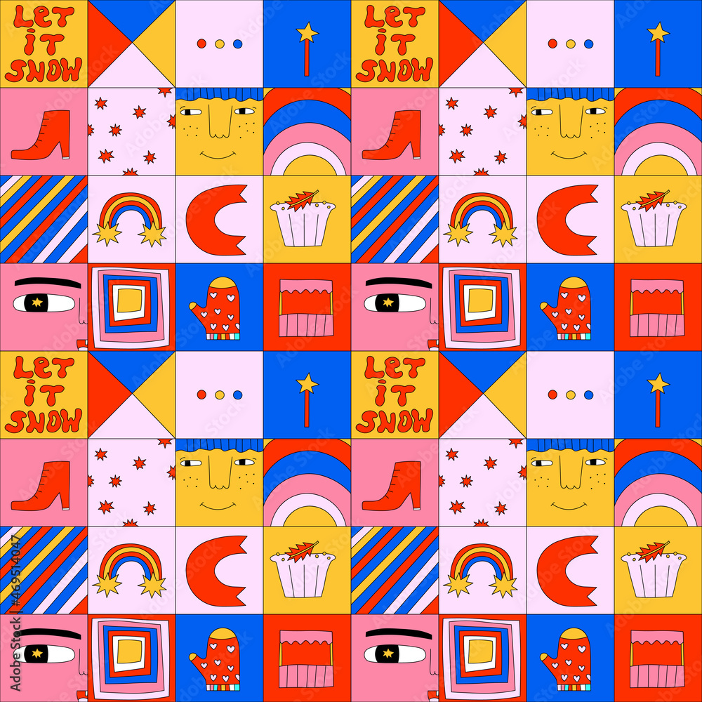 seamless patchwork square patterns for christmas.Vintage winter collage ...