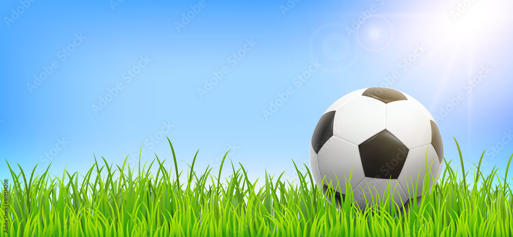 Football background with soccer ball, grass and sky. Vector realistic ...