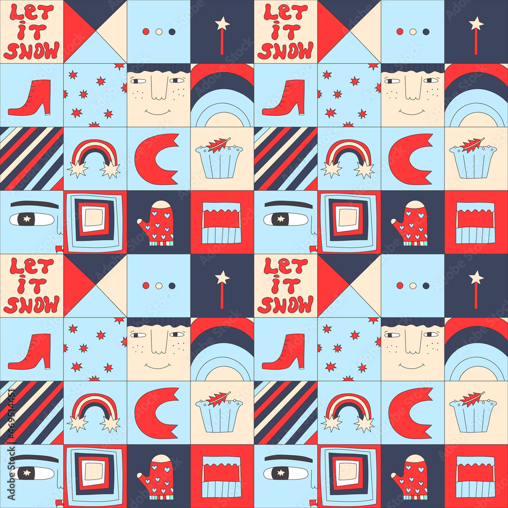 seamless patchwork square patterns for christmas.Vintage winter collage ...