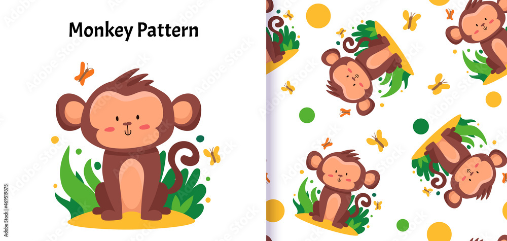 Seamless pattern with cute Monkey. Vector illustration for kids. Can be ...