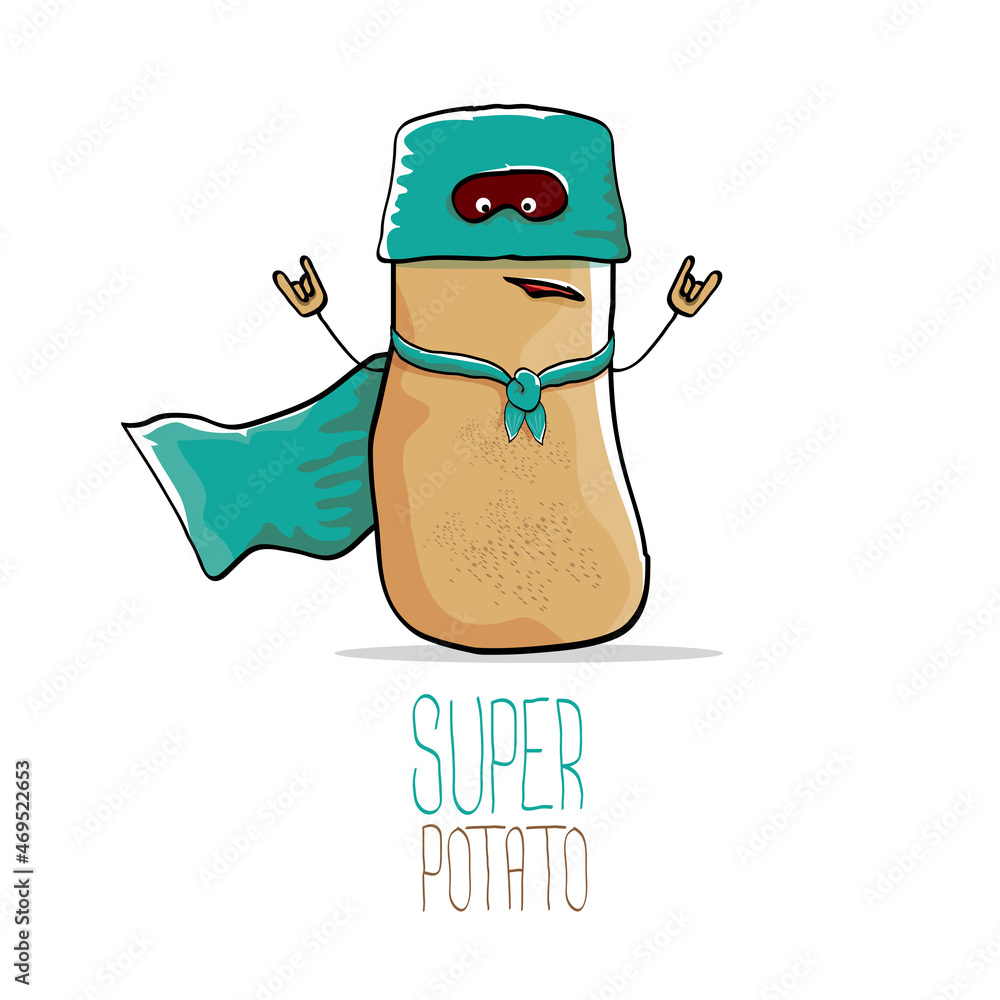 vector funny cartoon cute brown super hero potato with green hero cape ...