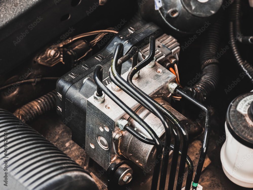 ABS unit module control box with pipes of car brake system (Anti-Lock ...