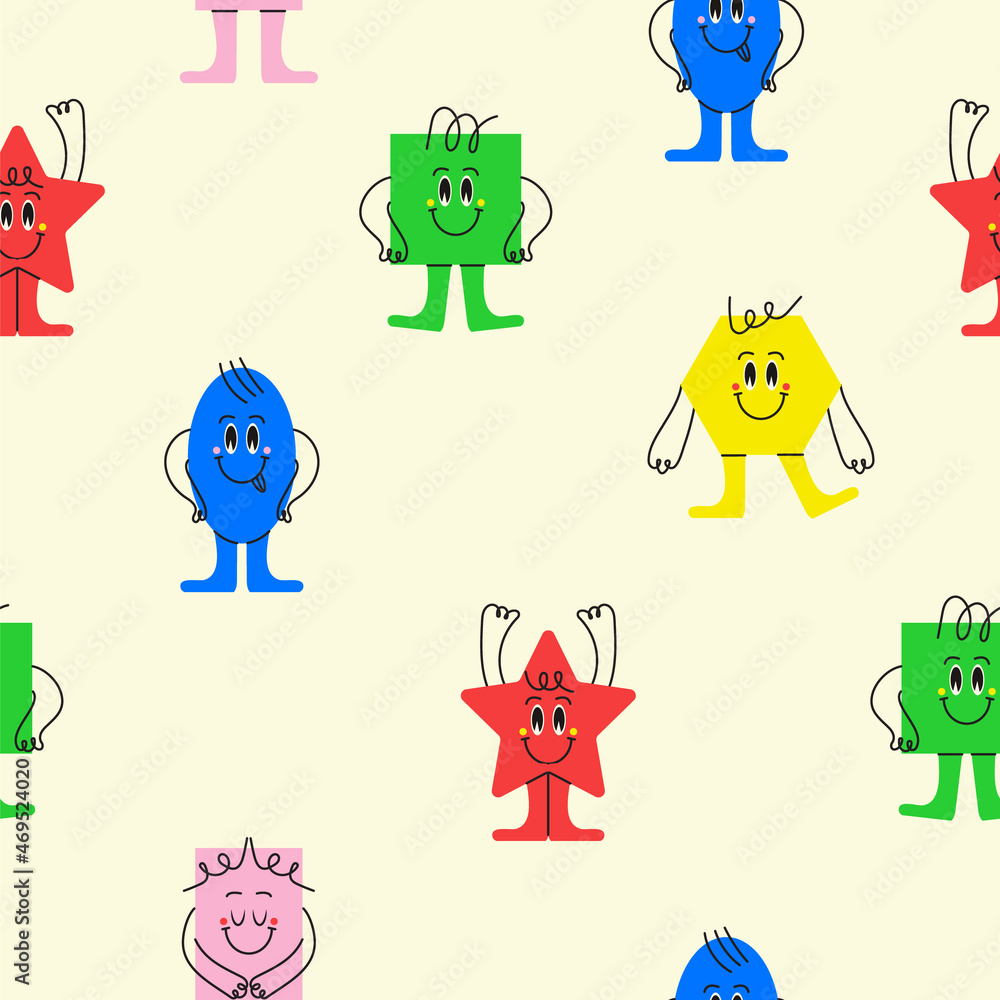 Geometric figures pattern with funny face, cute creations with emotions ...