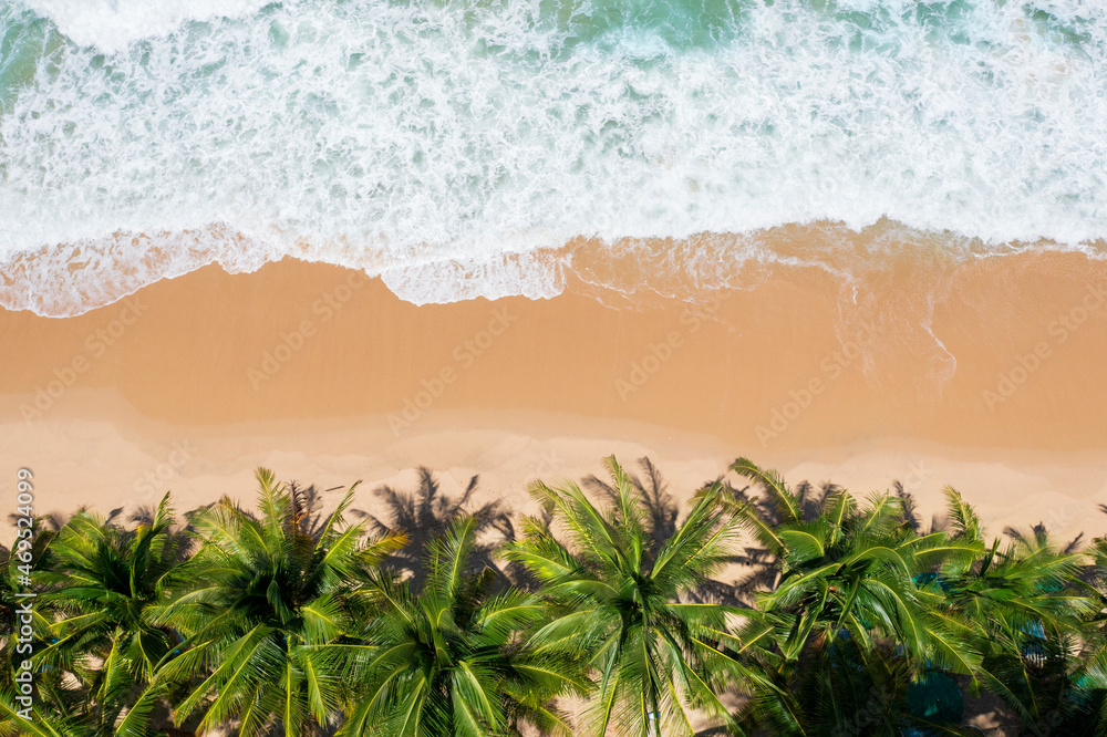Aerial view top views Beautiful tropical beach with white sand coconut ...