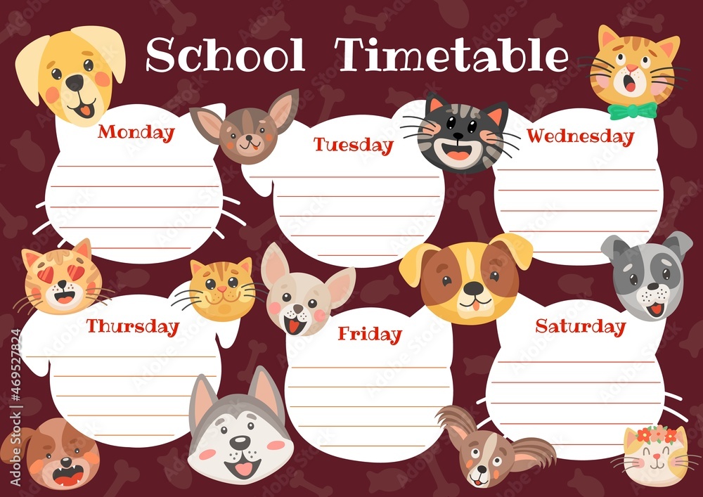 Cartoon kittens, cats, dogs and puppies education timetable schedule ...
