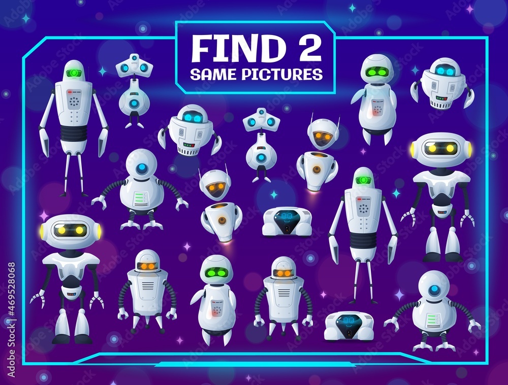 Cartoon funny robots, find two same droid picture kids game. Vector ...