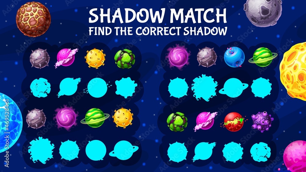 Galaxy space planets, find correct shadow kids game. Choose suitable ...